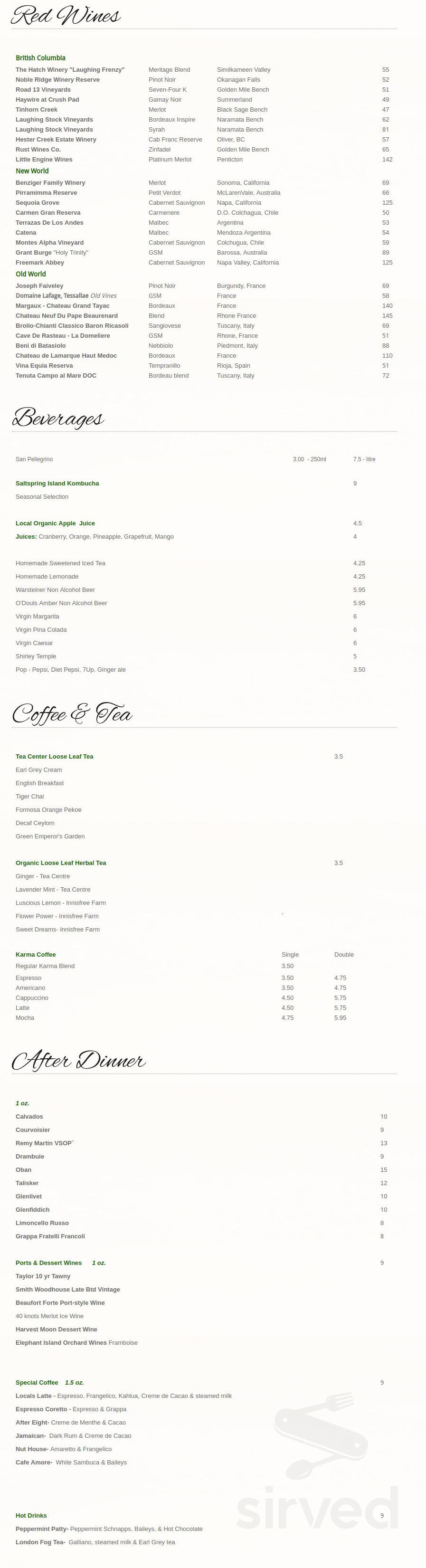 Locals Restaurant menu in Courtenay, British Columbia, Canada