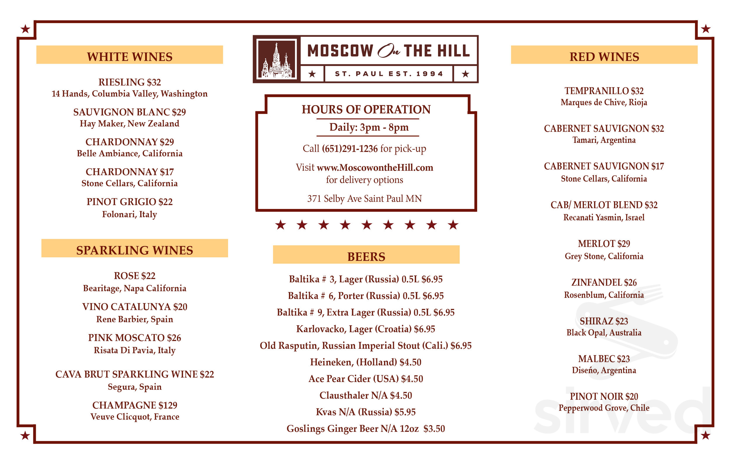 Menu - St Paul MN's Moscow on the Hill | Sirved