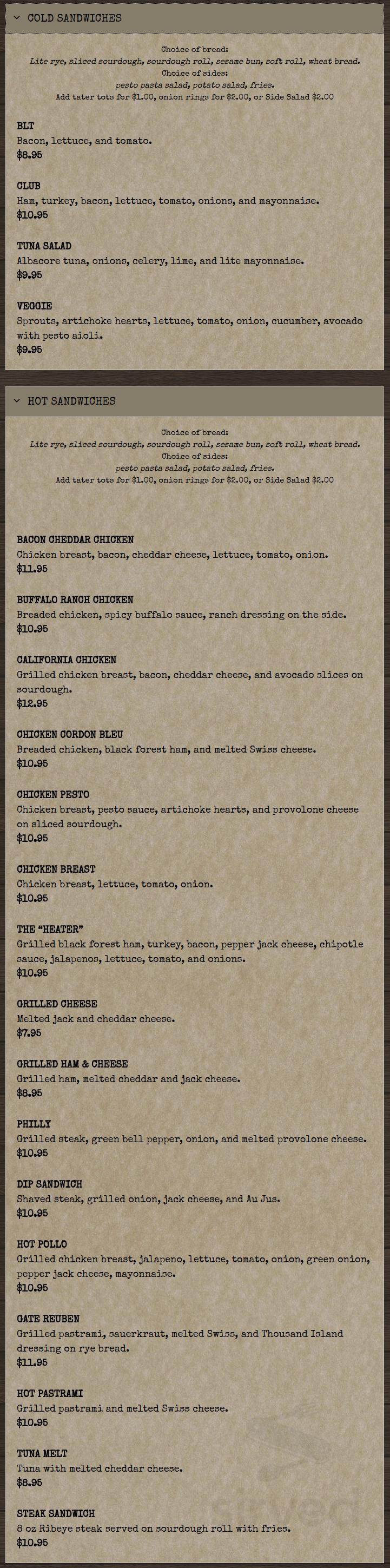 St. James Gate menu in Belmont, California, USA