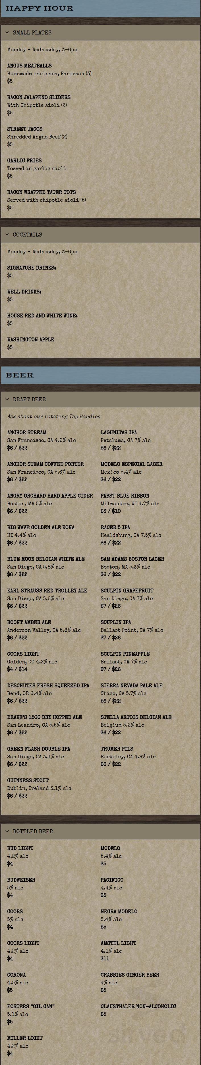 St. James Gate menu in Belmont, California, USA