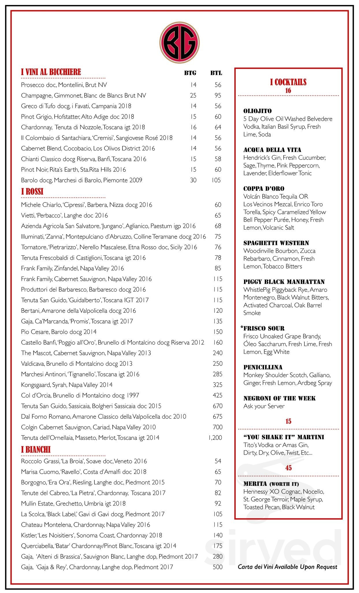 BG Beverly Hills menu in Beverly Hills, California, USA