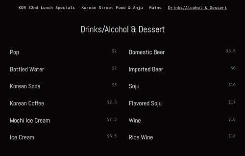 Kor Street Food menu in Calgary, Alberta, Canada