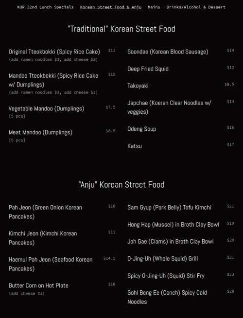 Kor Street Food menu in Calgary, Alberta, Canada