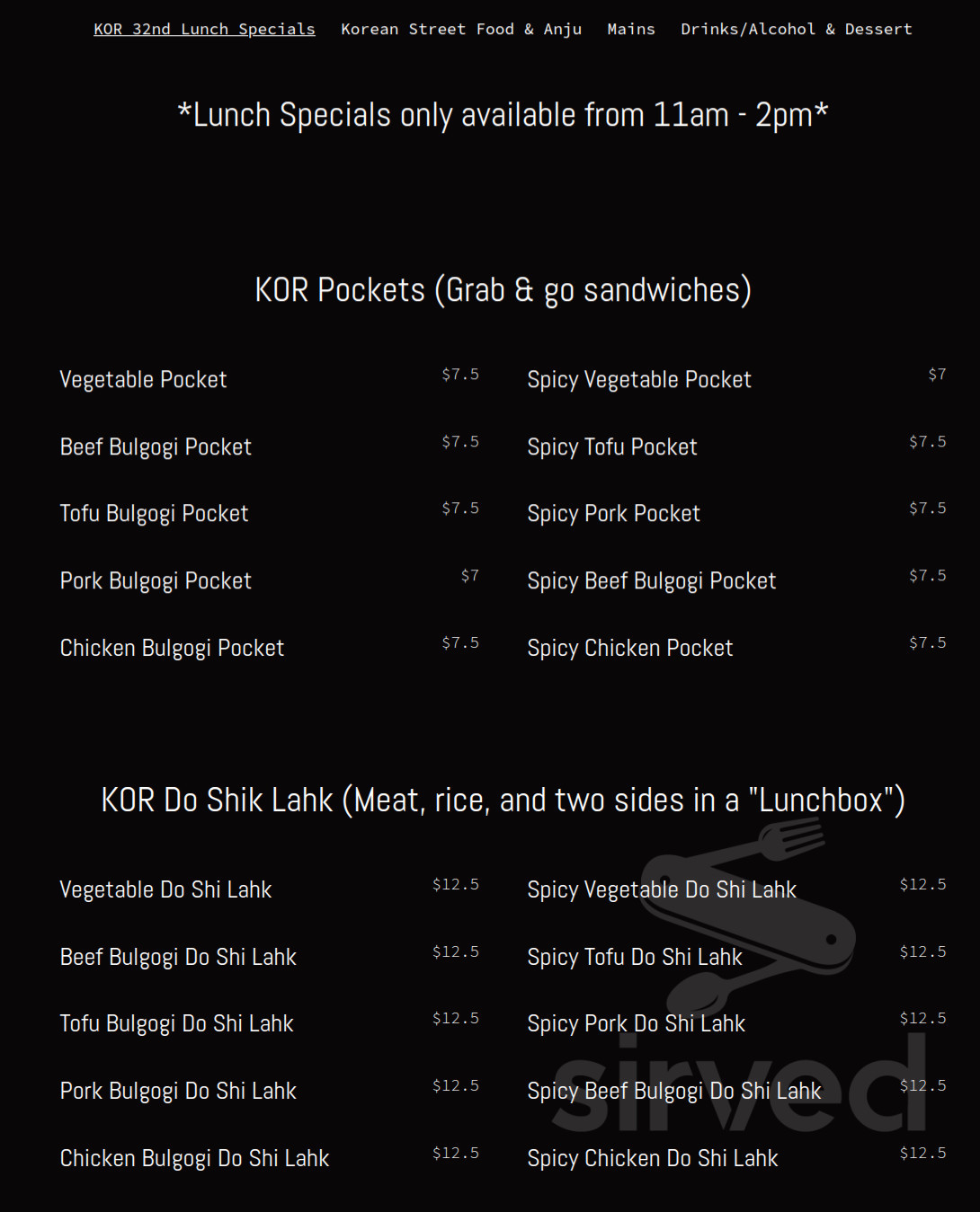 Kor Street Food menu in Calgary, Alberta, Canada