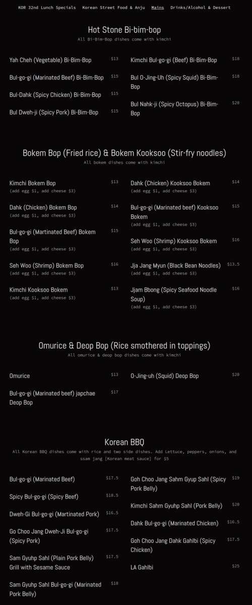 Kor Street Food menu in Calgary, Alberta, Canada