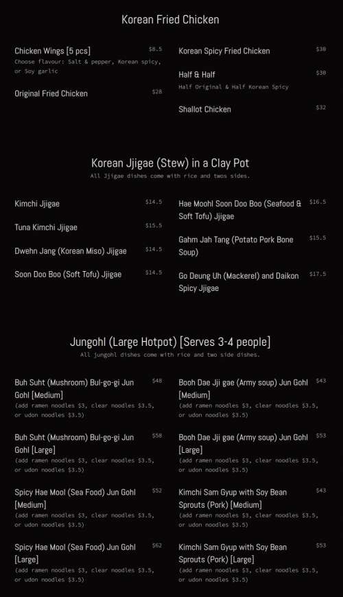 Kor Street Food menu in Calgary, Alberta, Canada