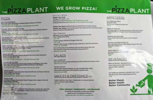 The Pizza Plant menu in Pasadena, California, USA