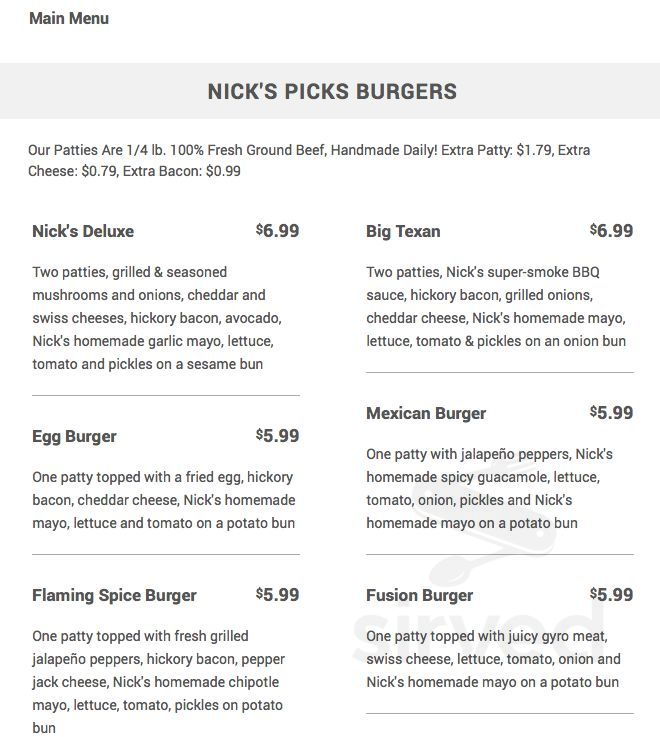Menu - Everett WA's Nick's Jr Burgers & Gyros | Sirved