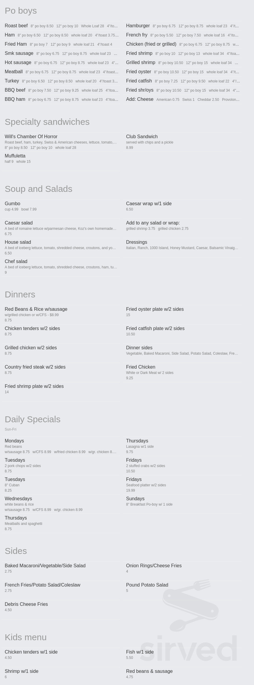 Koz's Harahan menu in New Orleans, Louisiana, USA