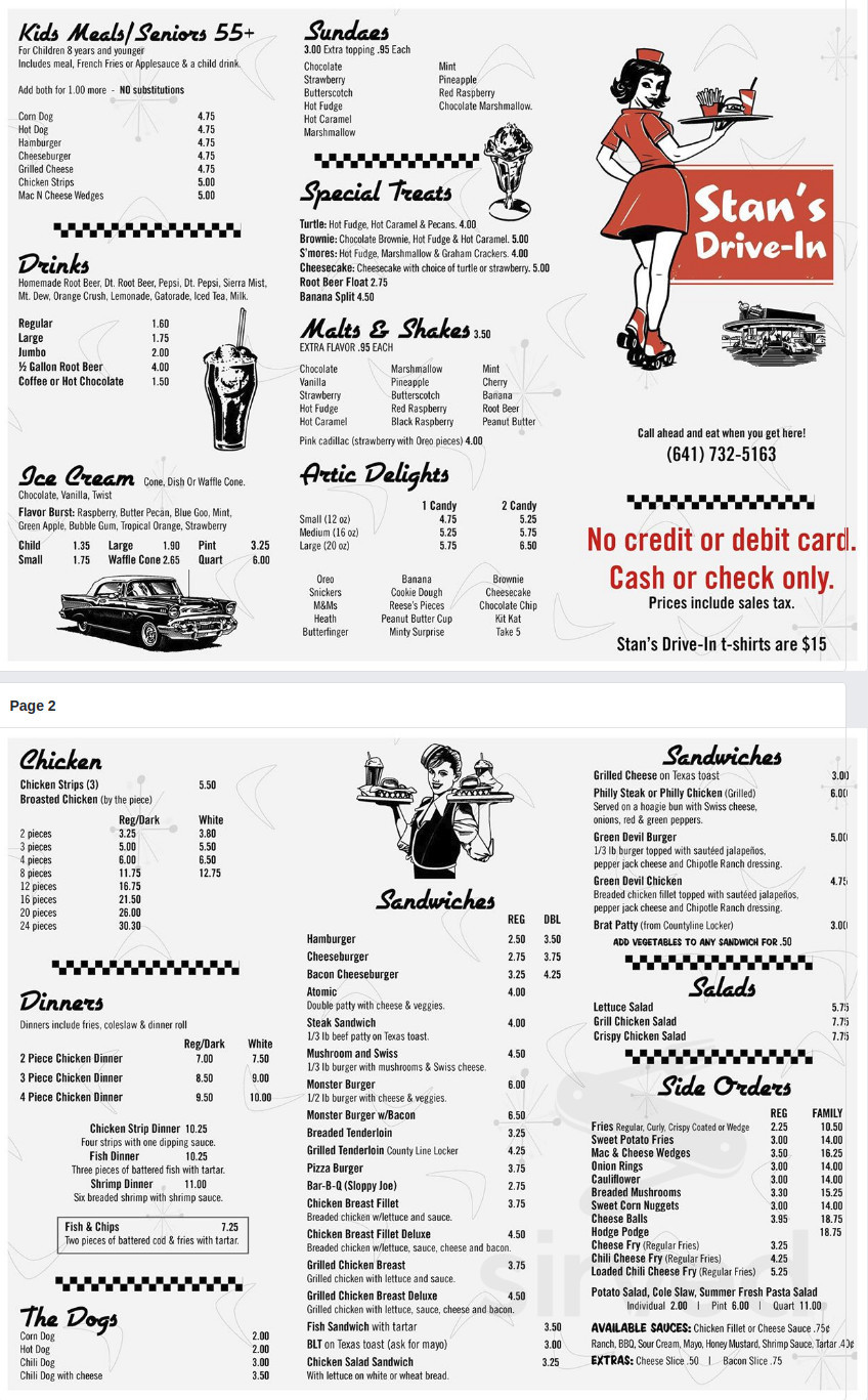 Menu for Stan's Drive-In in Osage, IA | Sirved