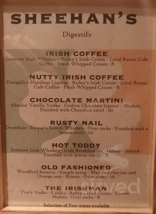 Sheehan's Irish Pub menu in Augusta, Georgia, USA