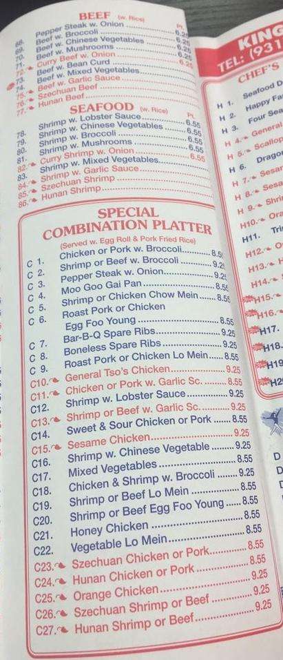King Mao menu in Clarksville, Tennessee, USA