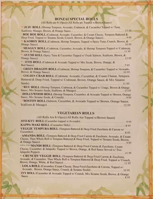 Bonzai menu in Kirksville, Missouri, USA