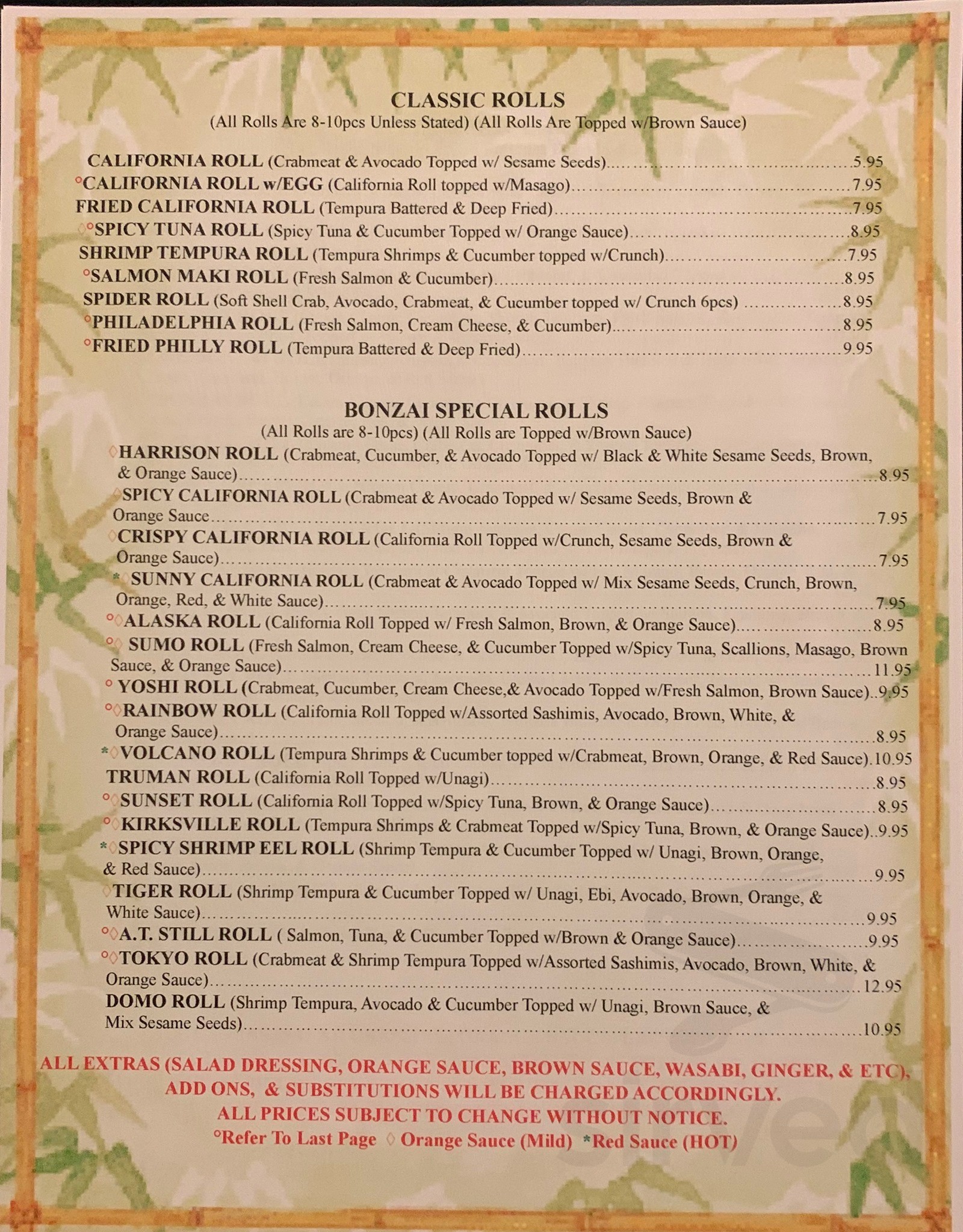 Bonzai menu in Kirksville, Missouri, USA