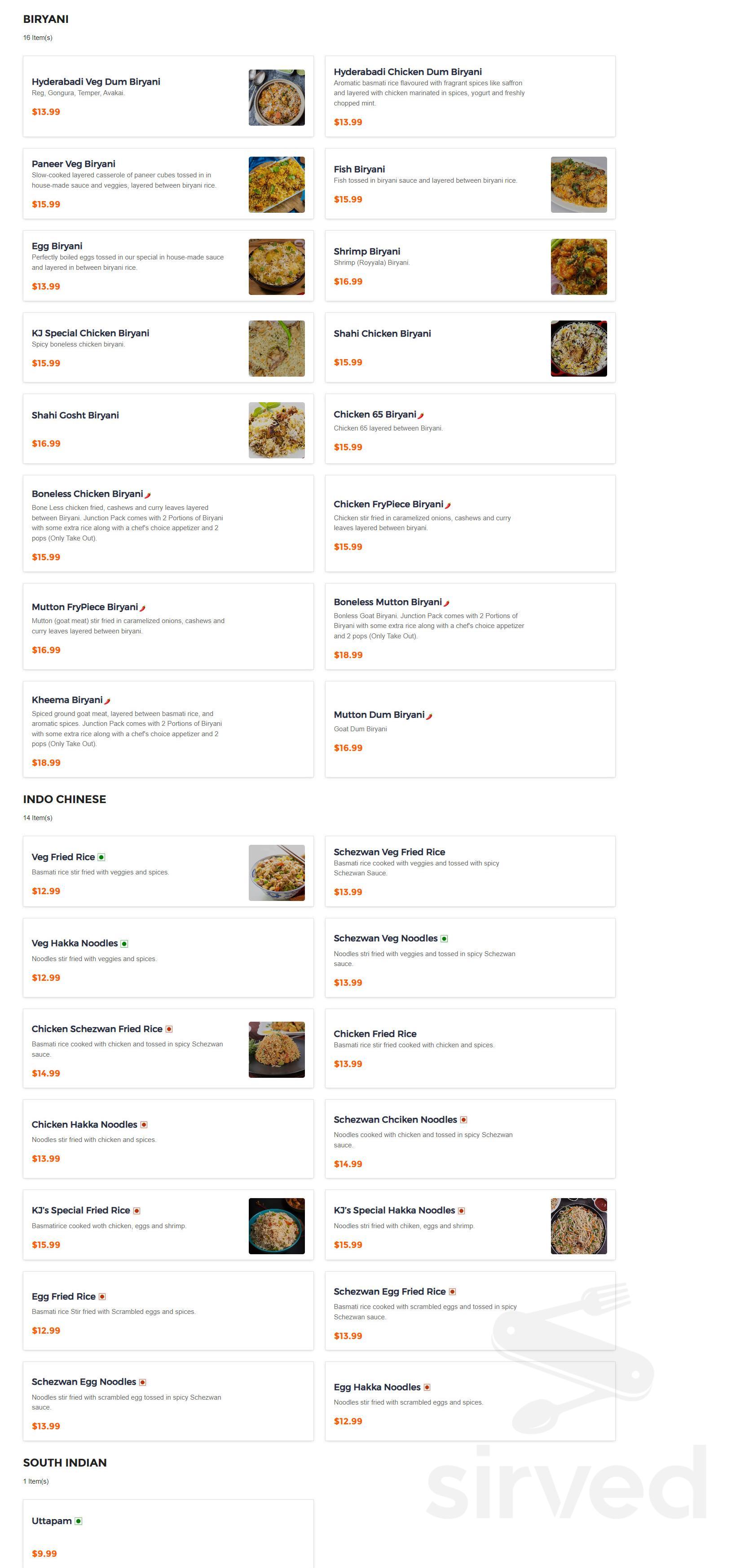 Menu - Oshawa ON's Kachiguda Junction | Sirved