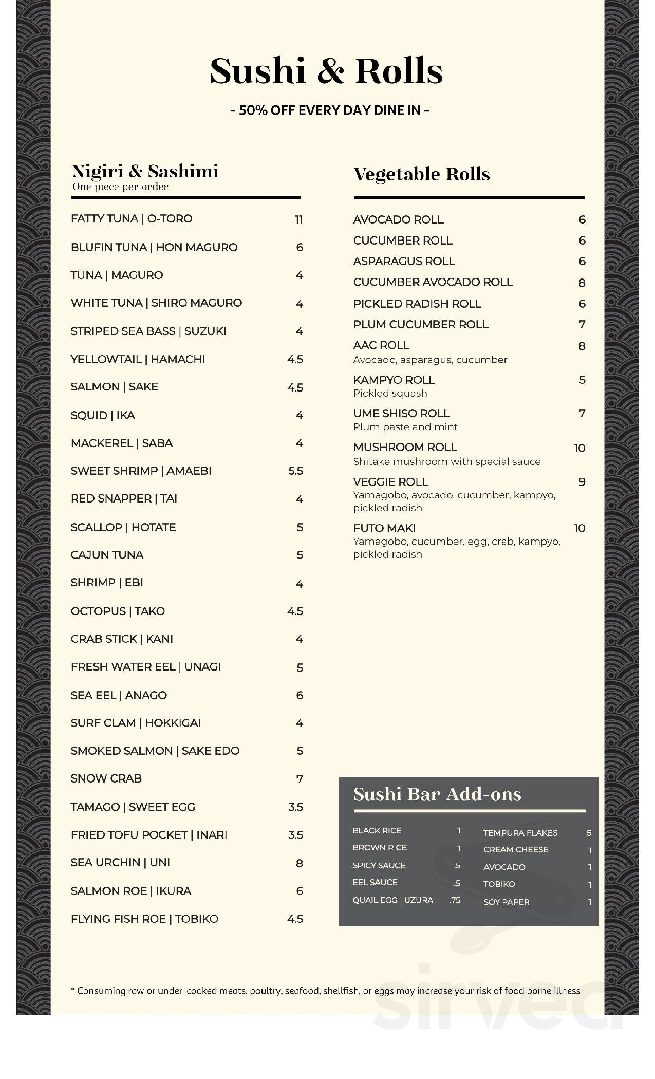Sushi Factory menu in Columbus, Ohio, USA