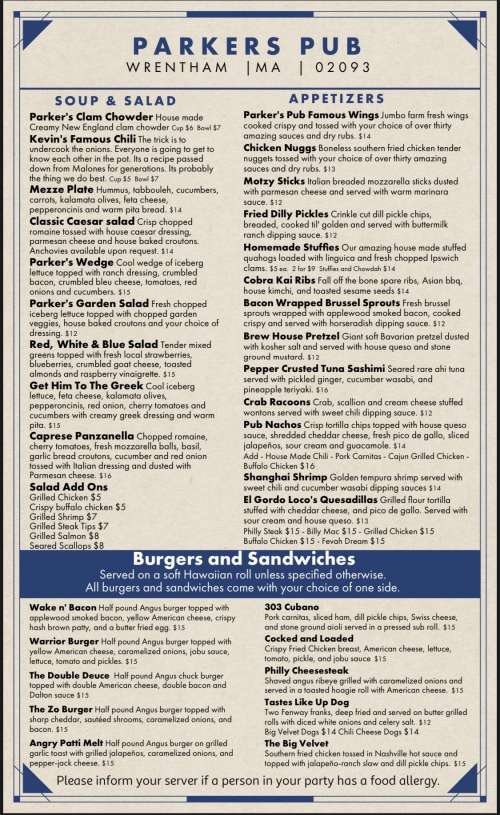 Parker's Pub menu in Wrentham, Massachusetts, USA