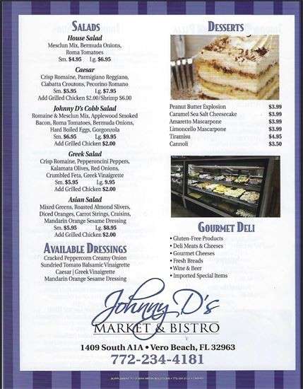 Johnny D's Market & Bistro menu in Vero Beach, Florida, USA