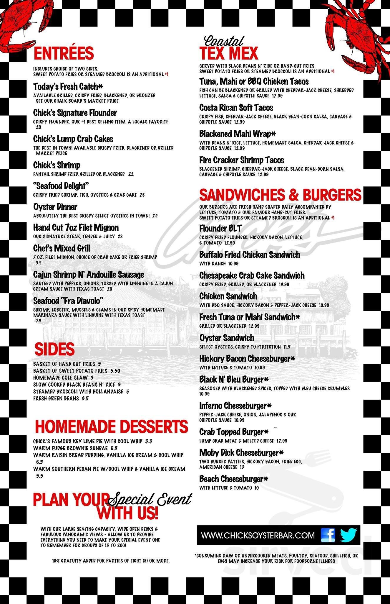 Menu - Virginia Beach VA's Chick's Oyster Bar | Sirved