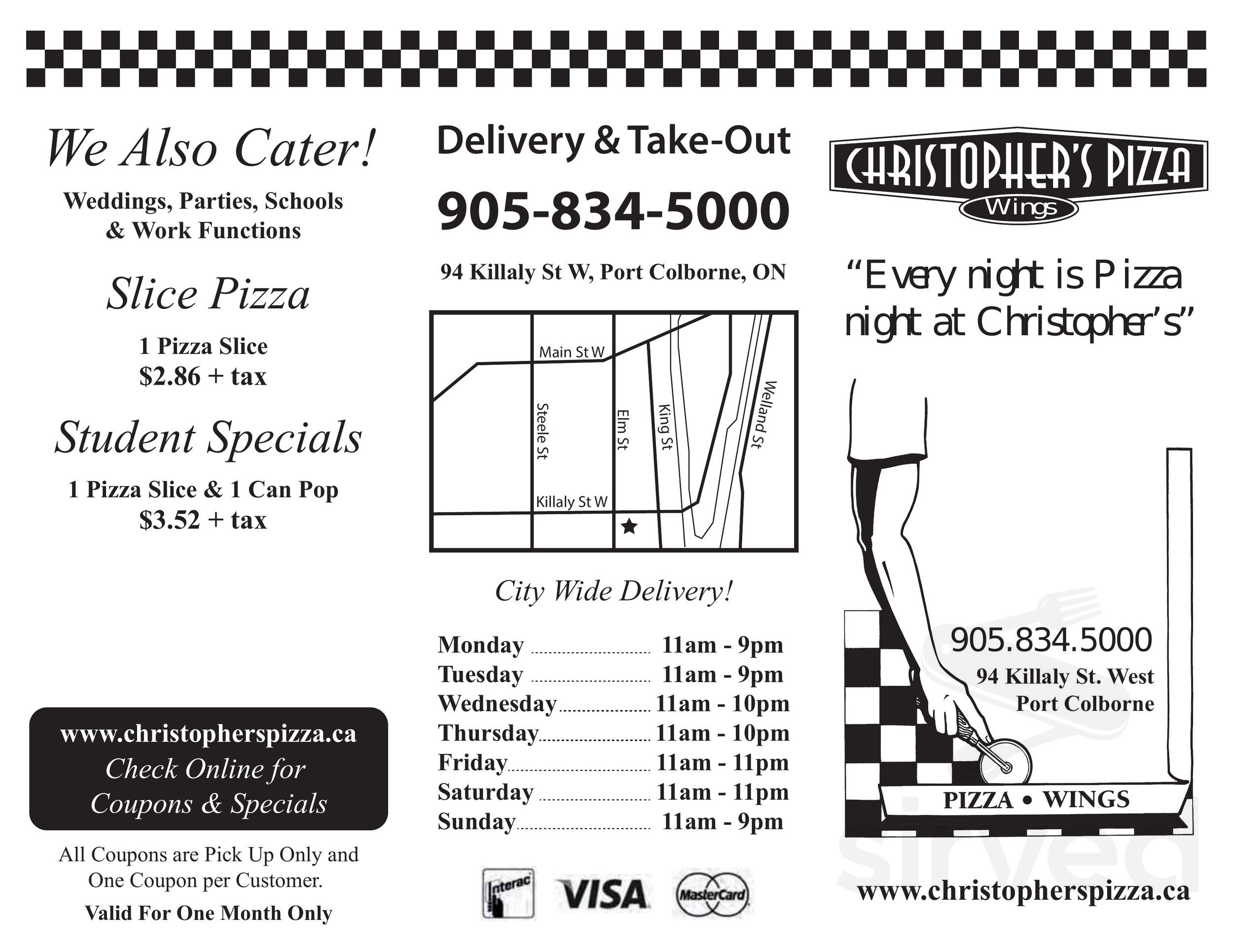 Christopher's Pizza menu in Port Colborne, Ontario, Canada