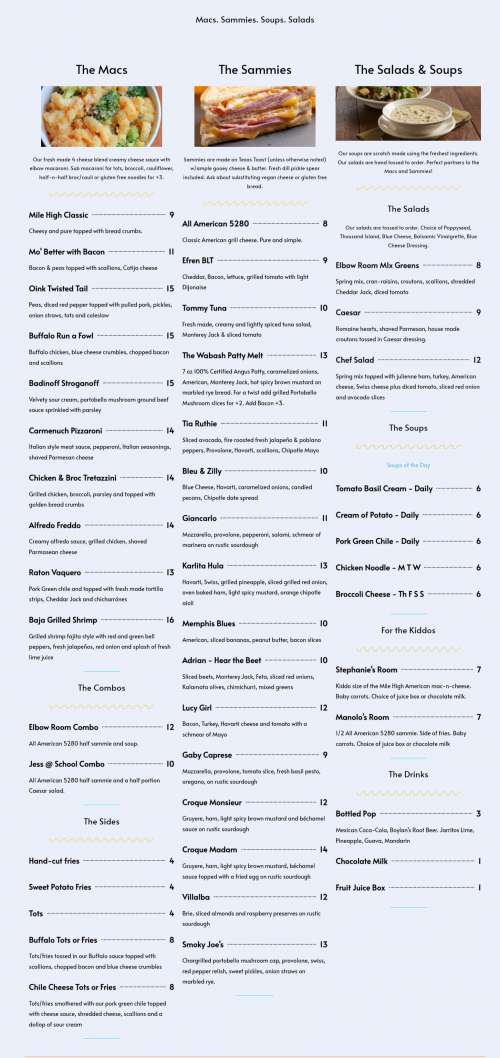 Elbow Room menu in Aurora, Colorado, USA