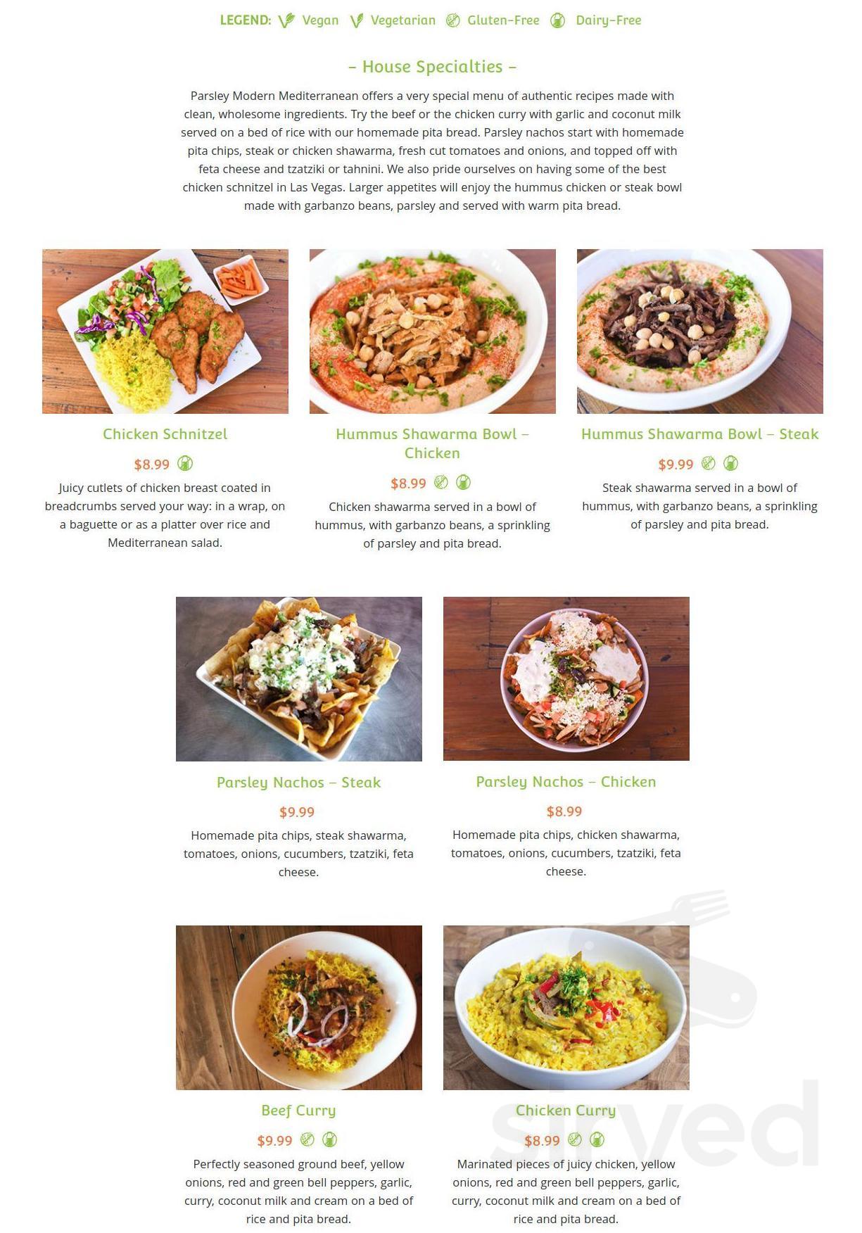 Menu - Las Vegas NV's Parsley Modern Mediterranean | Sirved