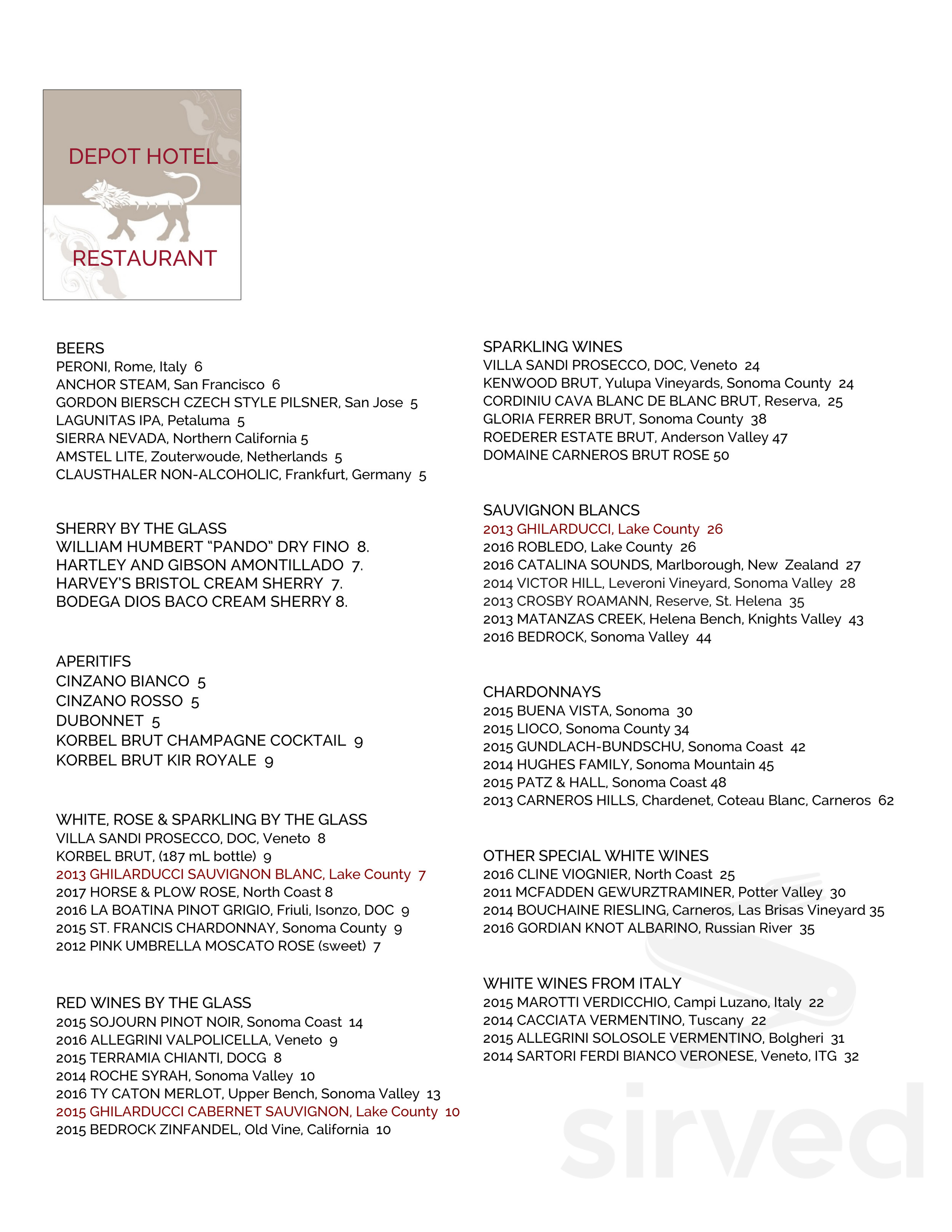 Menu for The Depot Sonoma in Sonoma, CA | Sirved