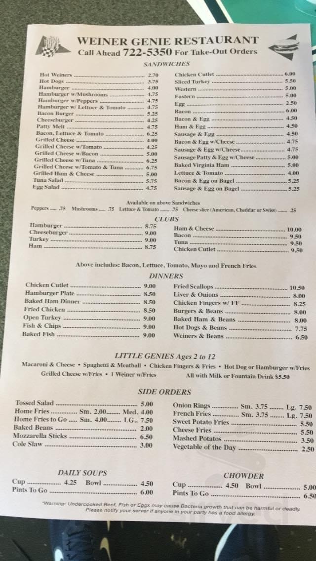 Menu for Weiner Genie in Lincoln, RI | Sirved