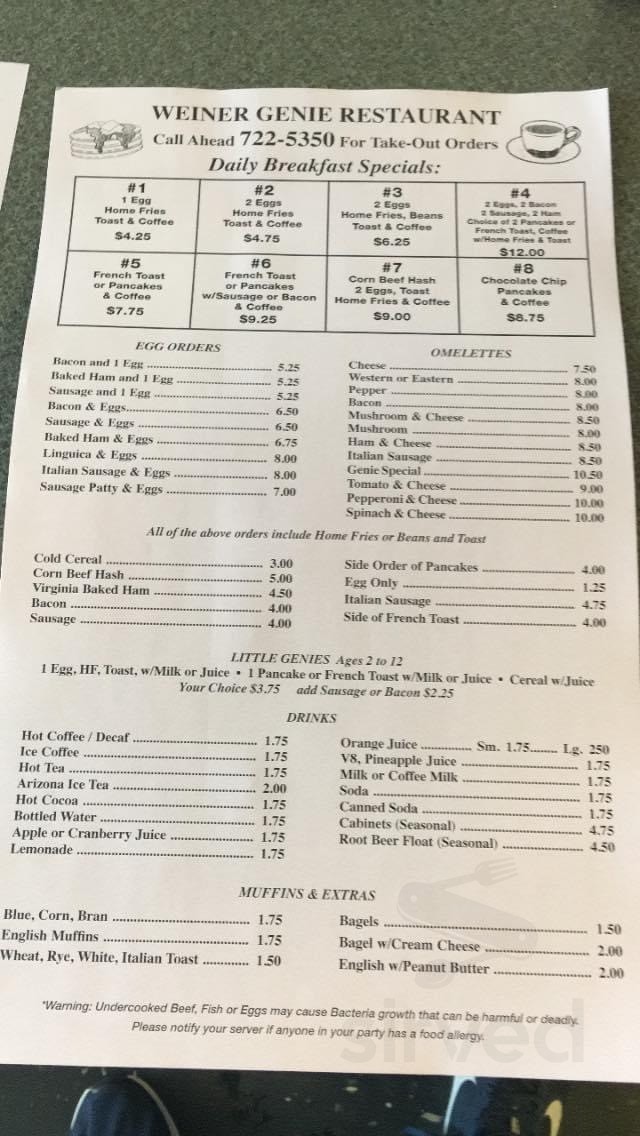 Menu for Weiner Genie in Lincoln, RI | Sirved