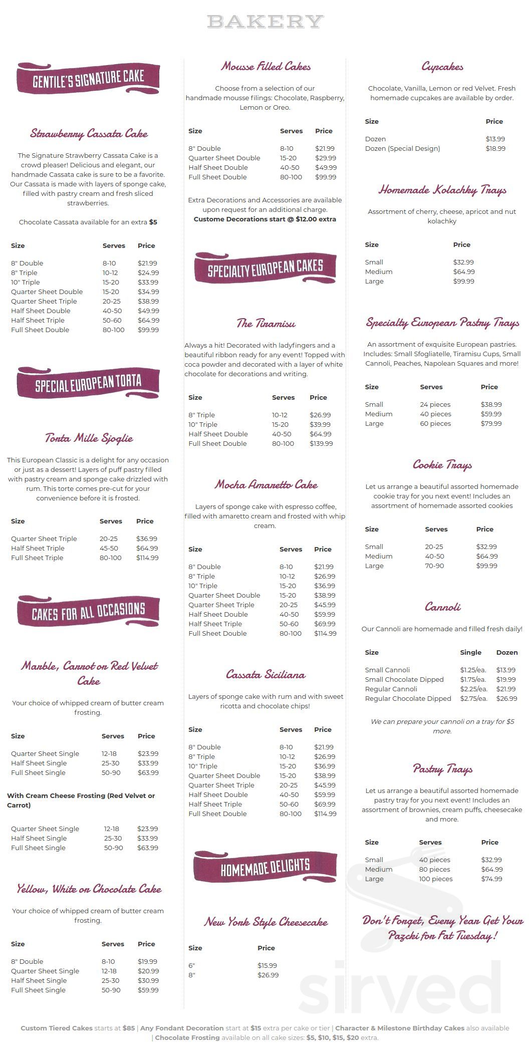 Gentile's Bakery - Catering - Deli Menu - Parma, Ohio | Sirved