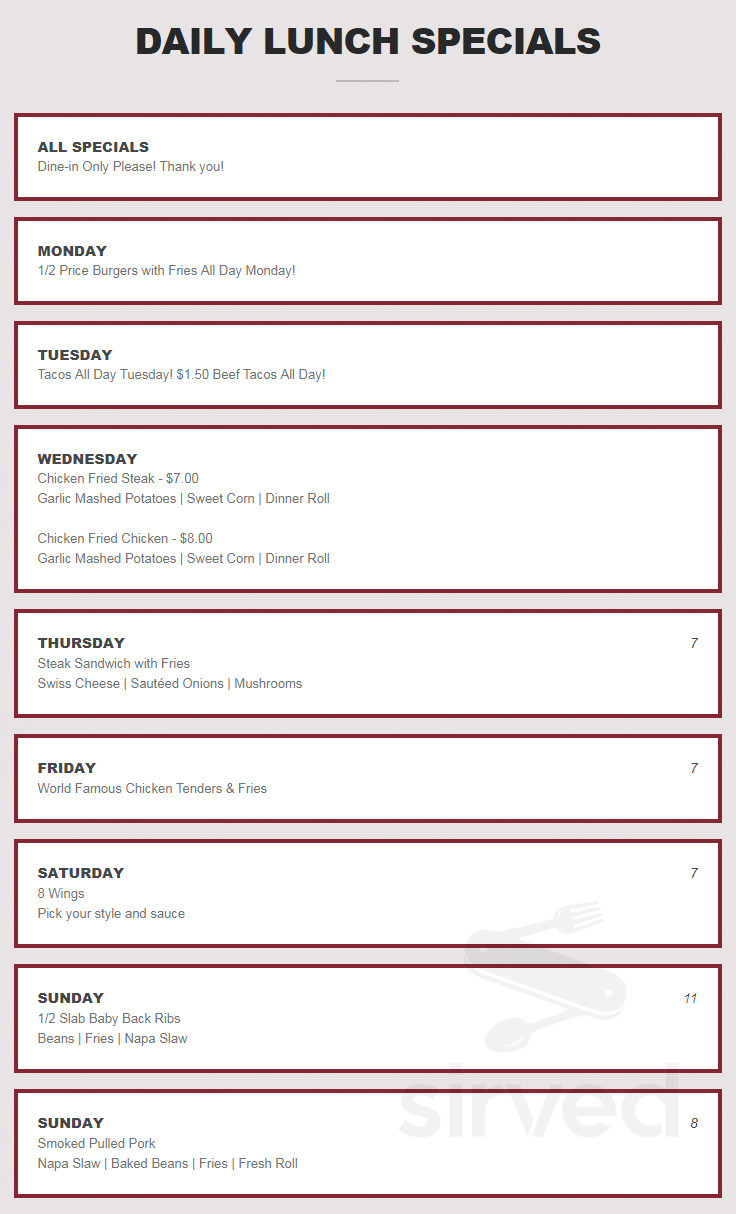 Menu for Austins Bar & Grill | Gardner in Gardner, KS | Sirved