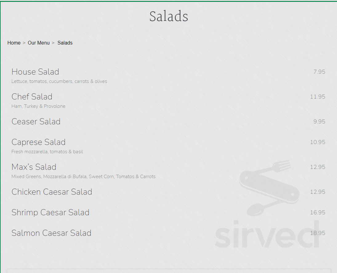Menu - Scotch Plains NJ's Max's Pizza & Bistro | Sirved