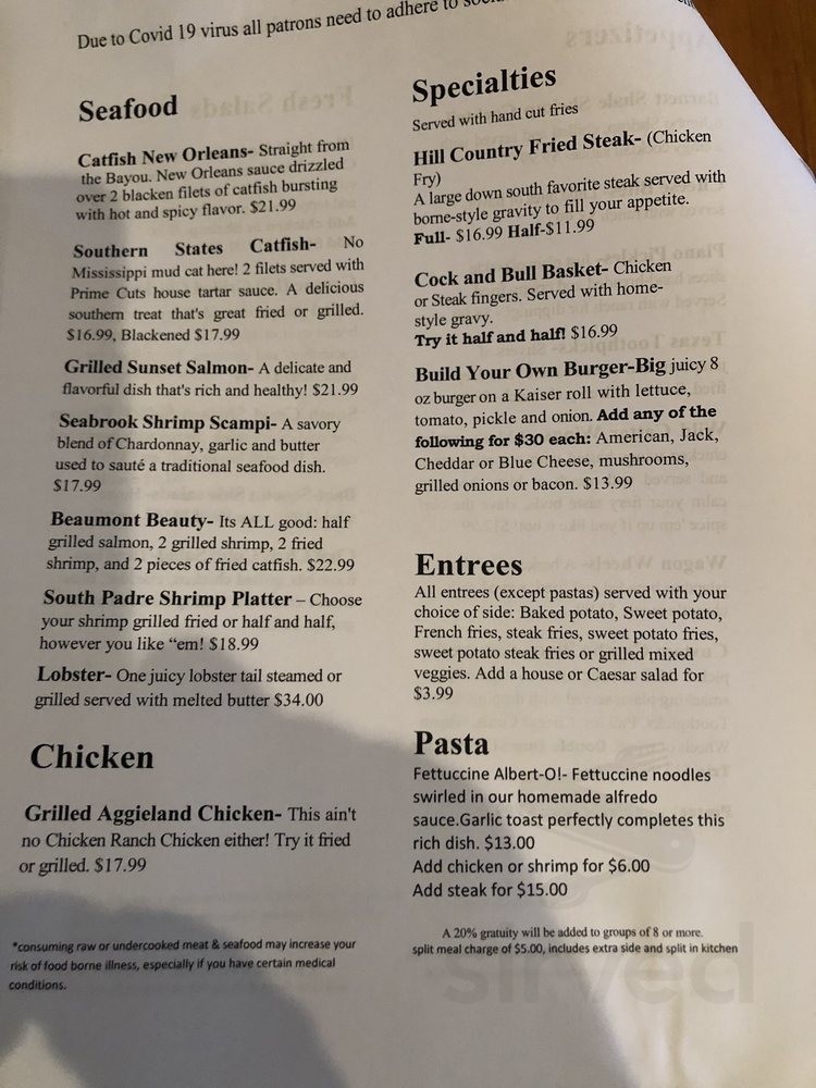 Prime Cut Steakhouse menu in Montague, Texas, USA
