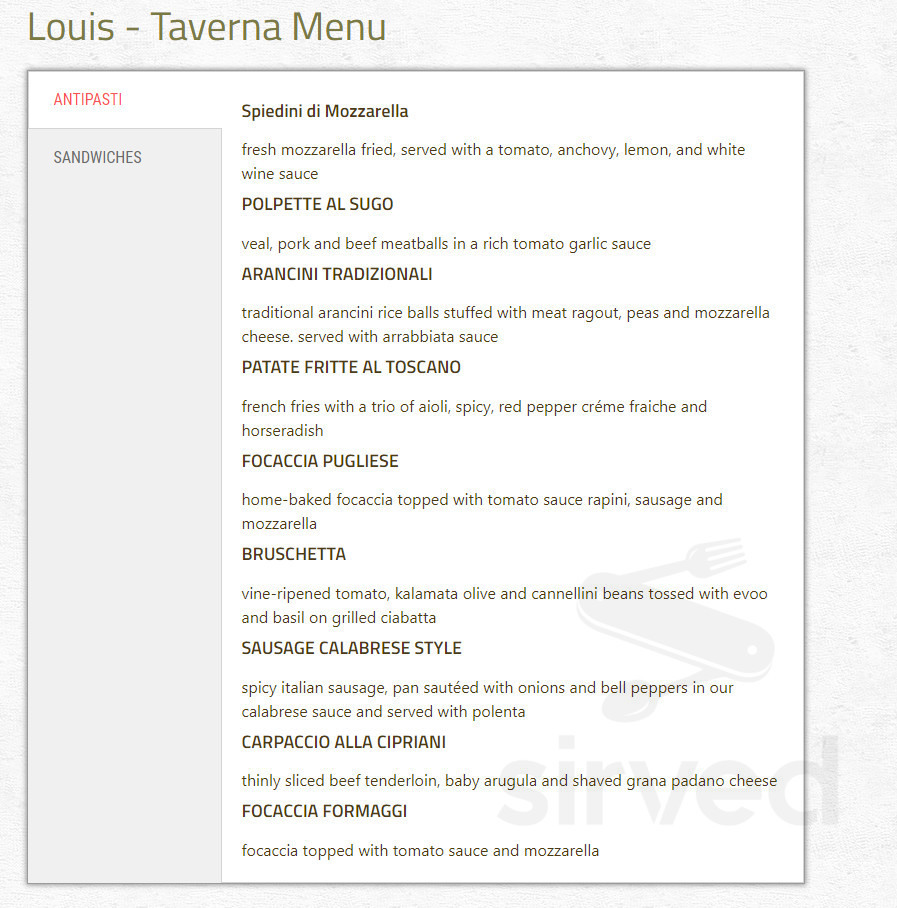 Louis Ristorante & Bar menu in St Paul, Minnesota, USA
