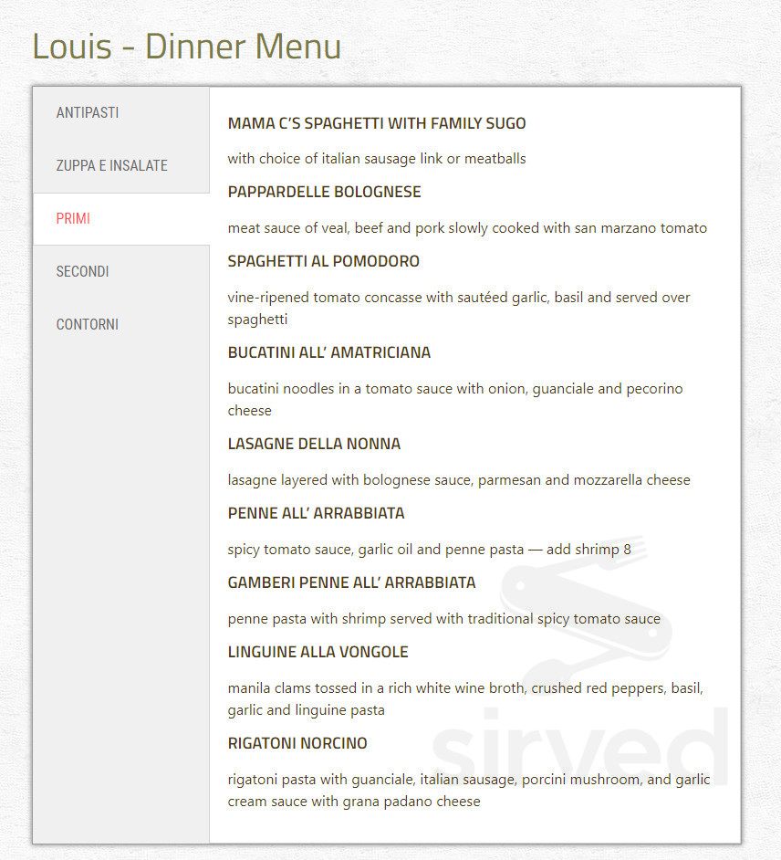 Louis Ristorante & Bar menu in St Paul, Minnesota, USA