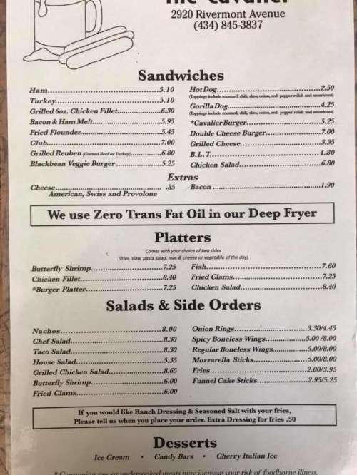 Cavalier Store menu in Lynchburg, Virginia, USA