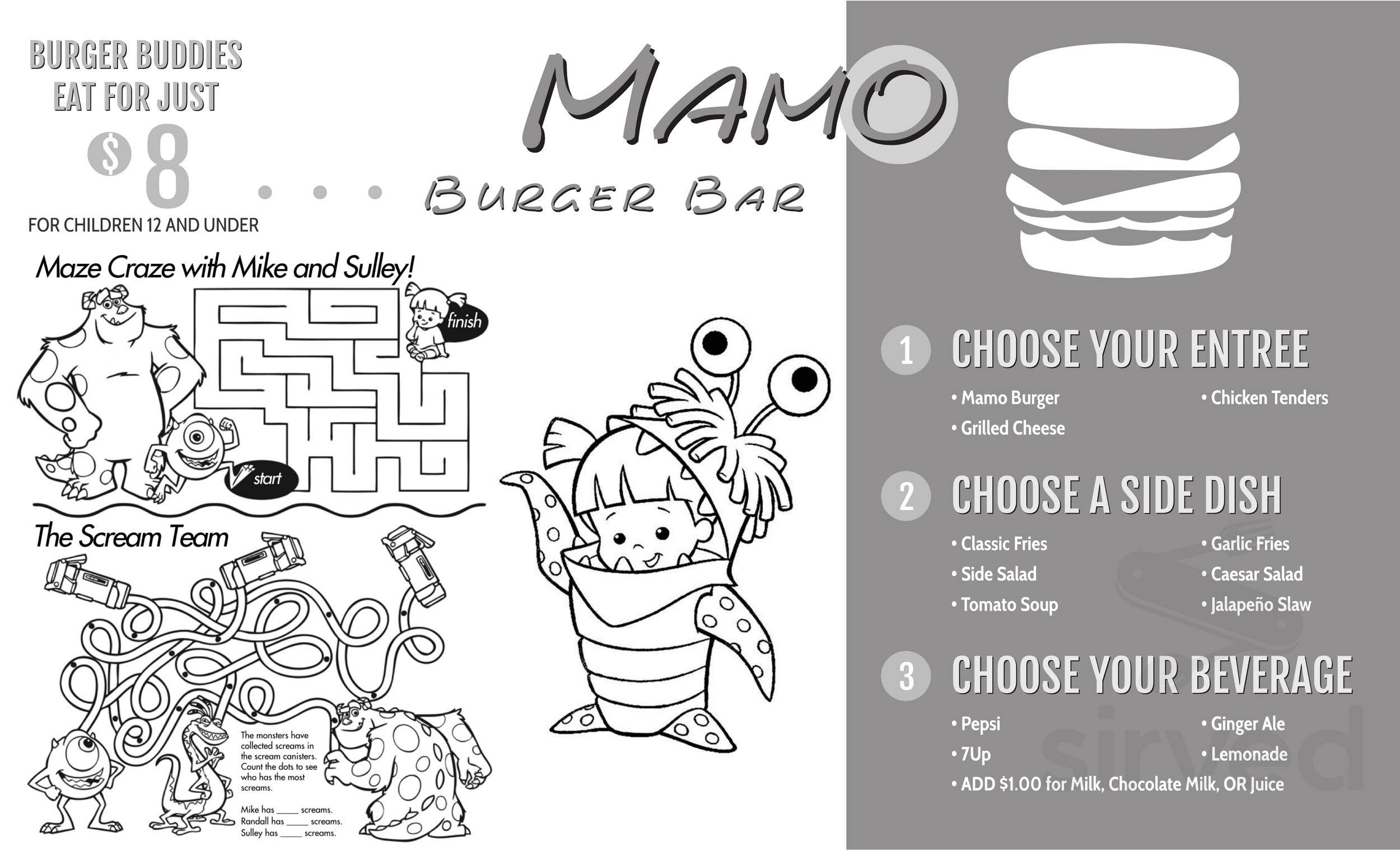 Mamo Burger Bar menu in Windsor, Ontario, Canada
