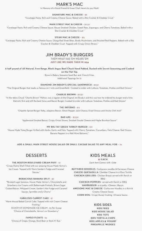 Jim Brady's Detroit menu in Royal Oak, Michigan, USA