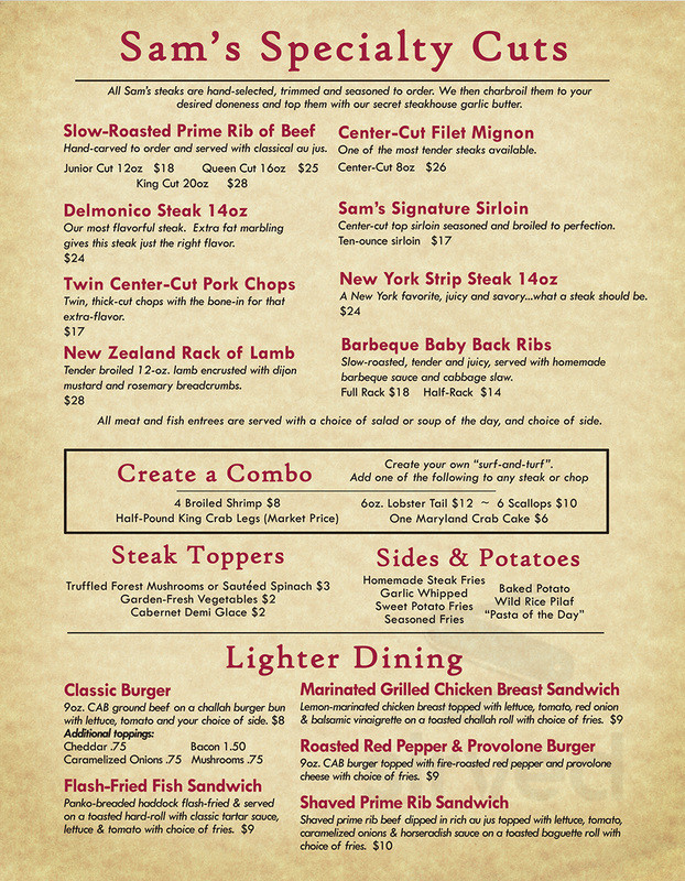 Sam's Seafood Steakhouse menu in Johnstown, New York, USA