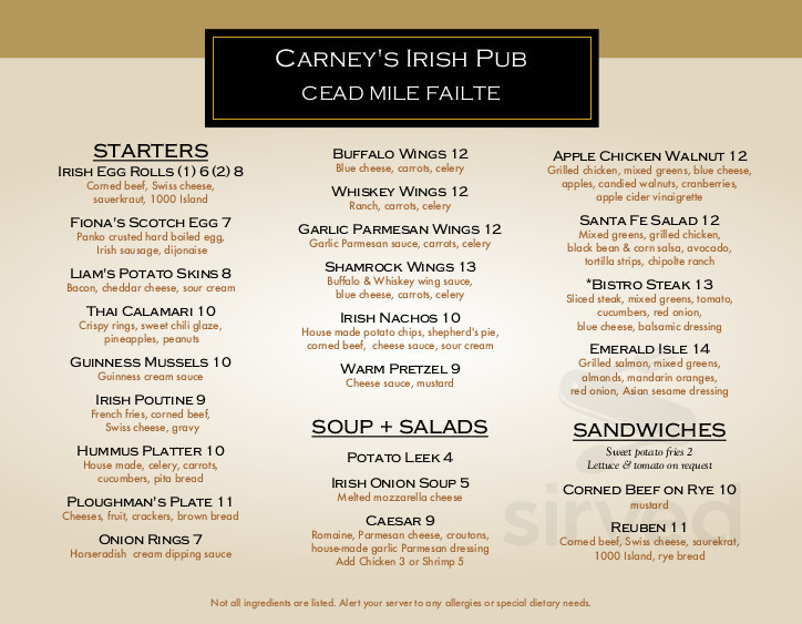 Carney's Irish Pub And Restaurant menu in Amityville, New York, USA