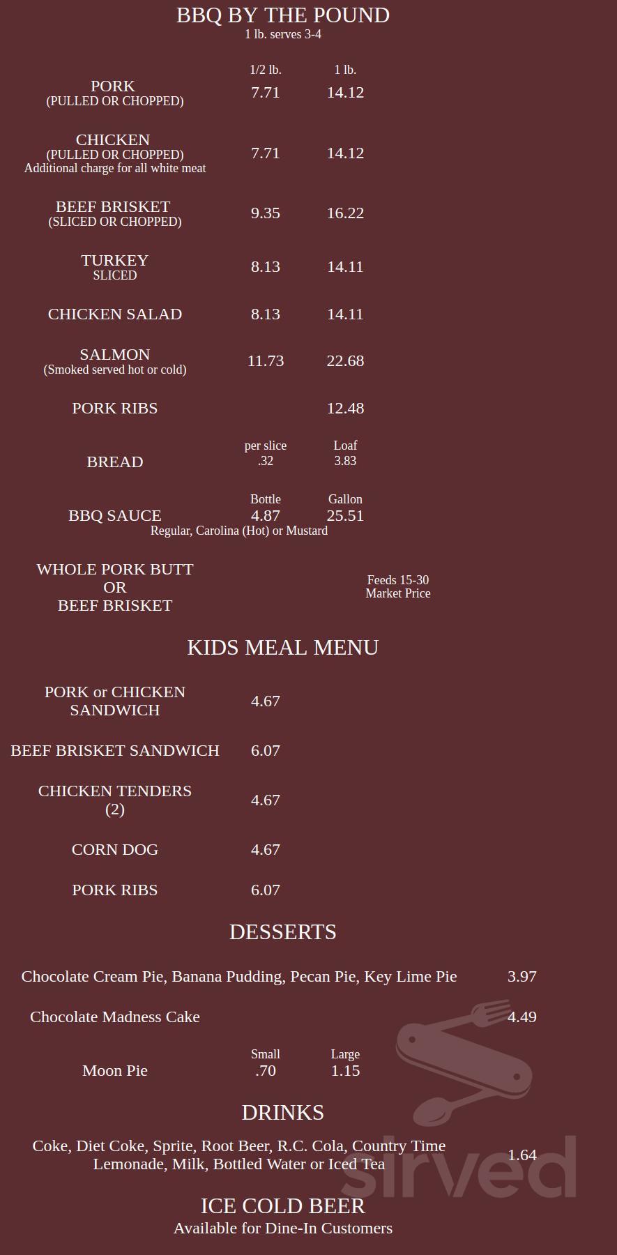 Pig-N-Chik BBQ menu in Chamblee, Georgia, USA