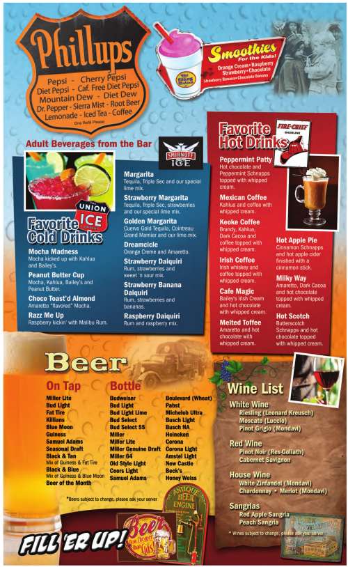 The Filling Station menu in Davenport, Iowa, USA