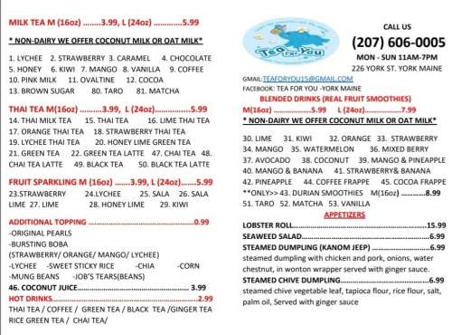 Tea For You menu in York, Maine, USA