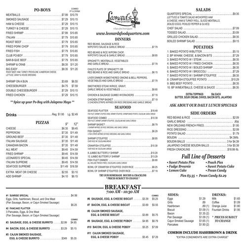 Leonard's Food Quarters menu in Lake Charles, Louisiana, USA