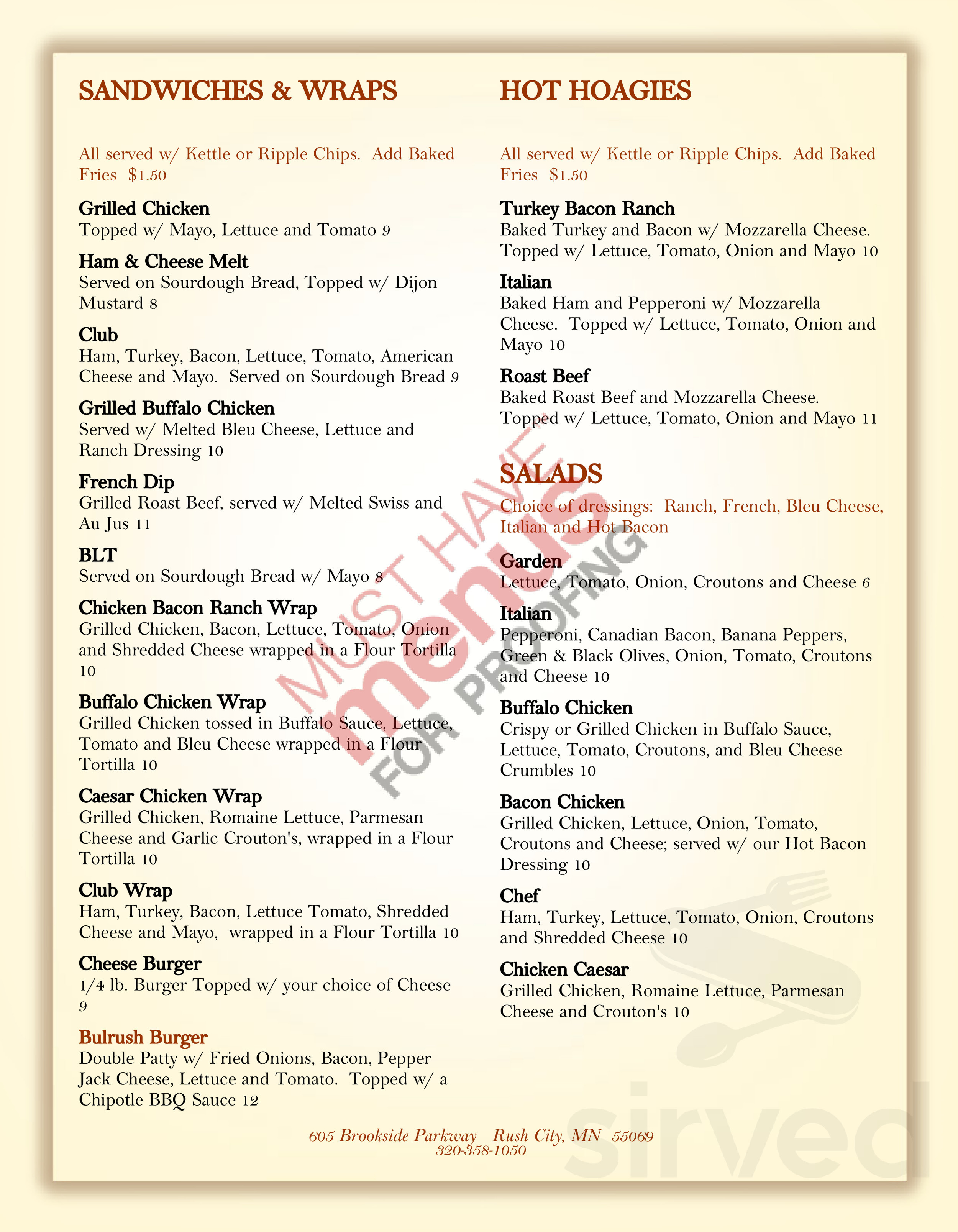 Menu - Rush City MN's Bulrush Golf Club | Sirved