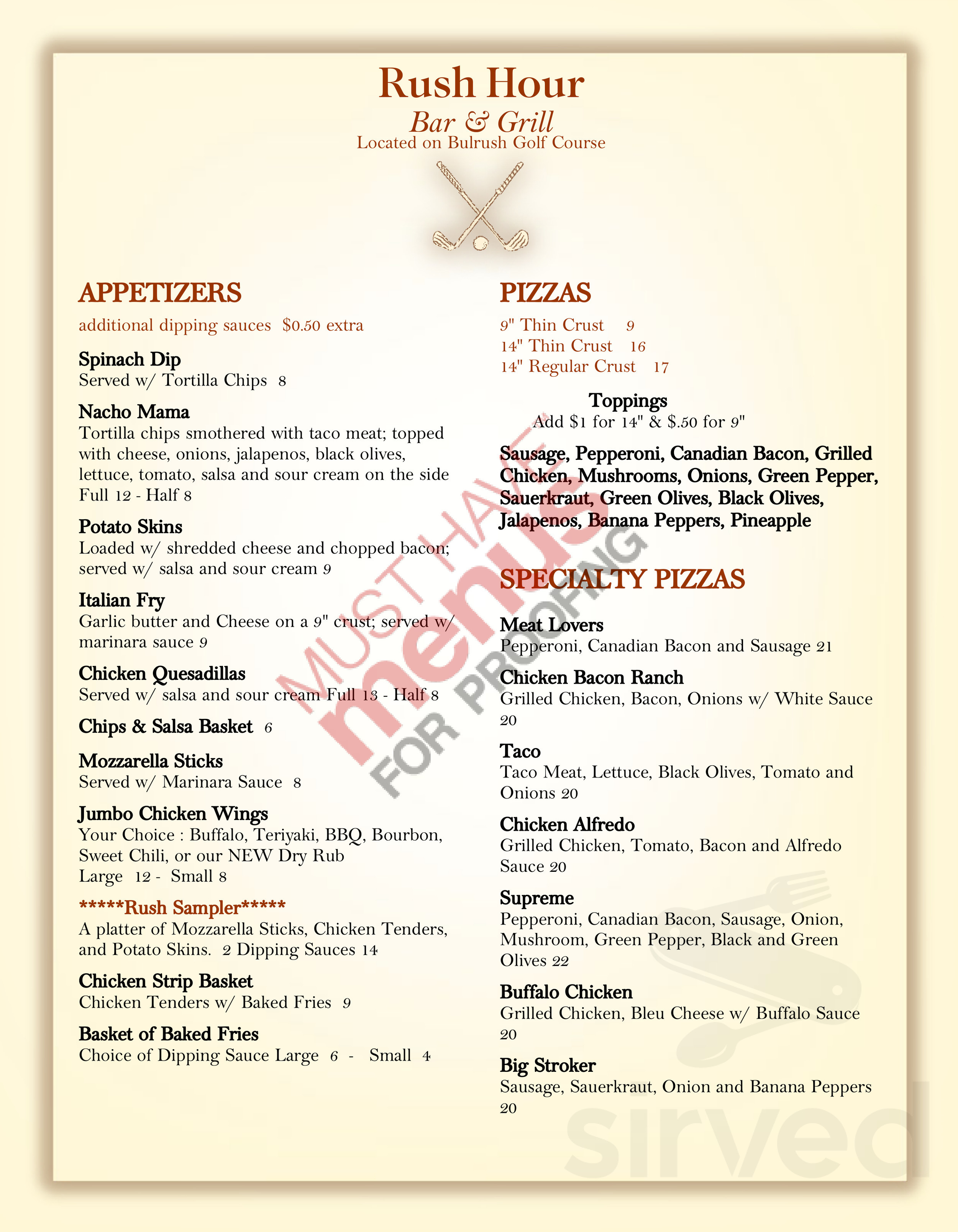 Menu for Bulrush Golf Club in Rush City, MN | Sirved