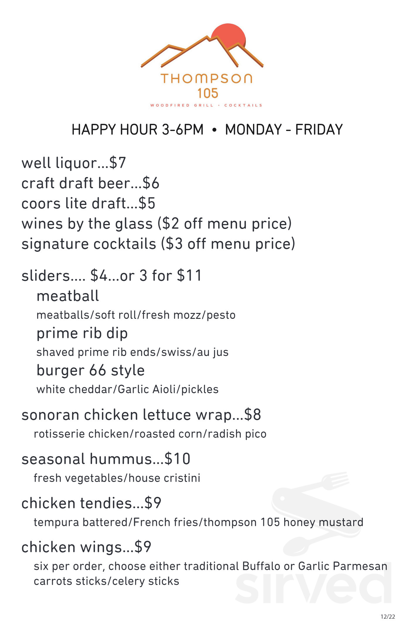 Thompson 105 menu in Scottsdale, Arizona, USA