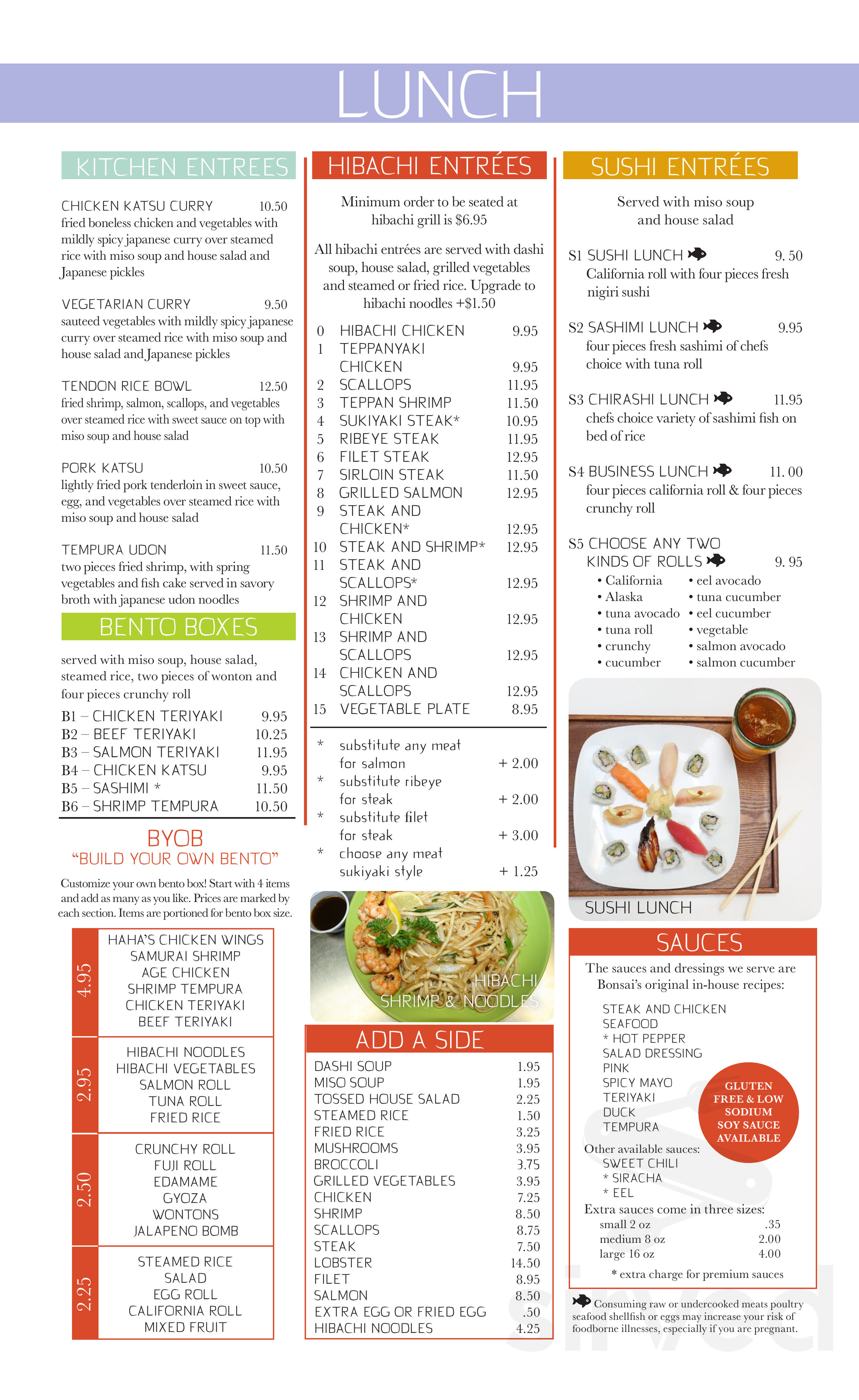 Bonsai Japanese Steak House menu in Jackson, Mississippi, USA