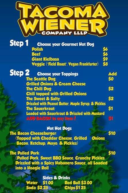 Tacoma Wiener Company menu in Puyallup, Washington, USA