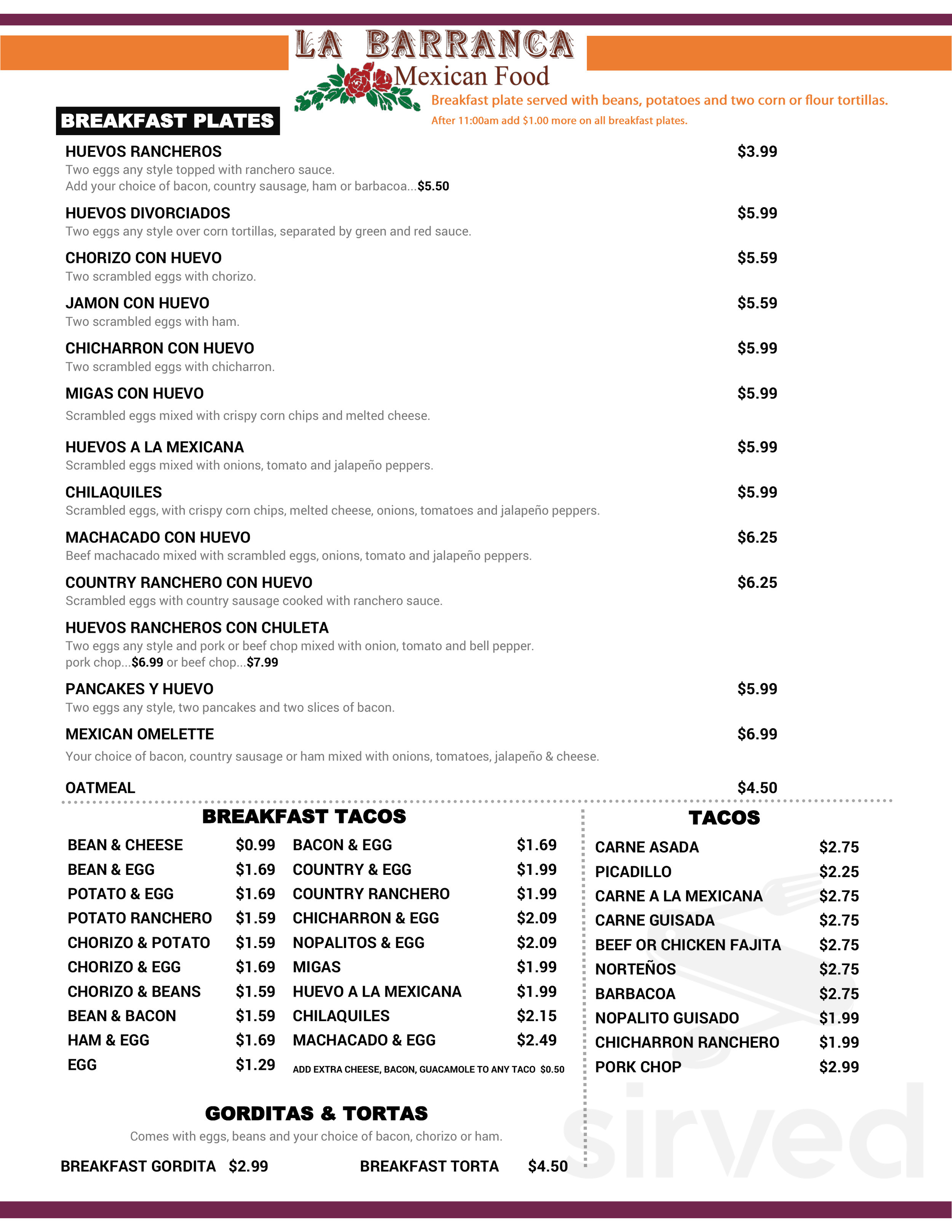 La Barranca menu in San Antonio, Texas, USA